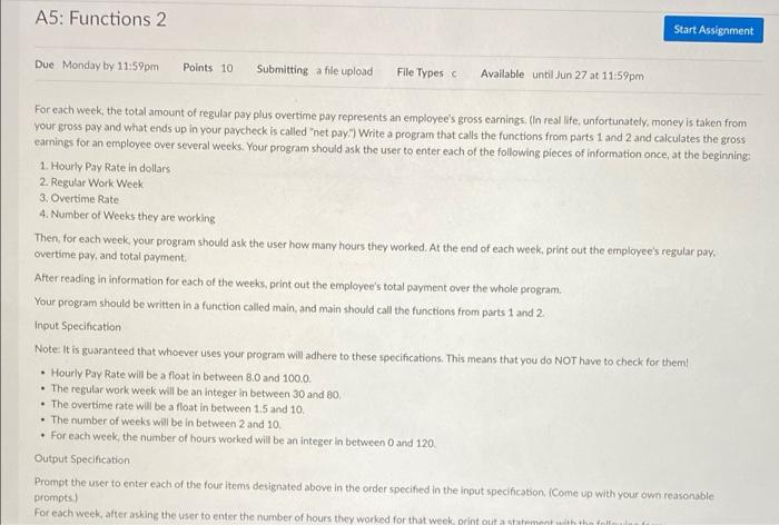 Solved A5: Functions 2 Start Assignment Due Monday by | Chegg.com