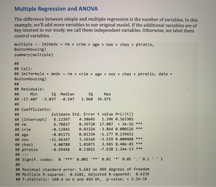 Solved Multiple Regression and ANOVA The difference between | Chegg.com