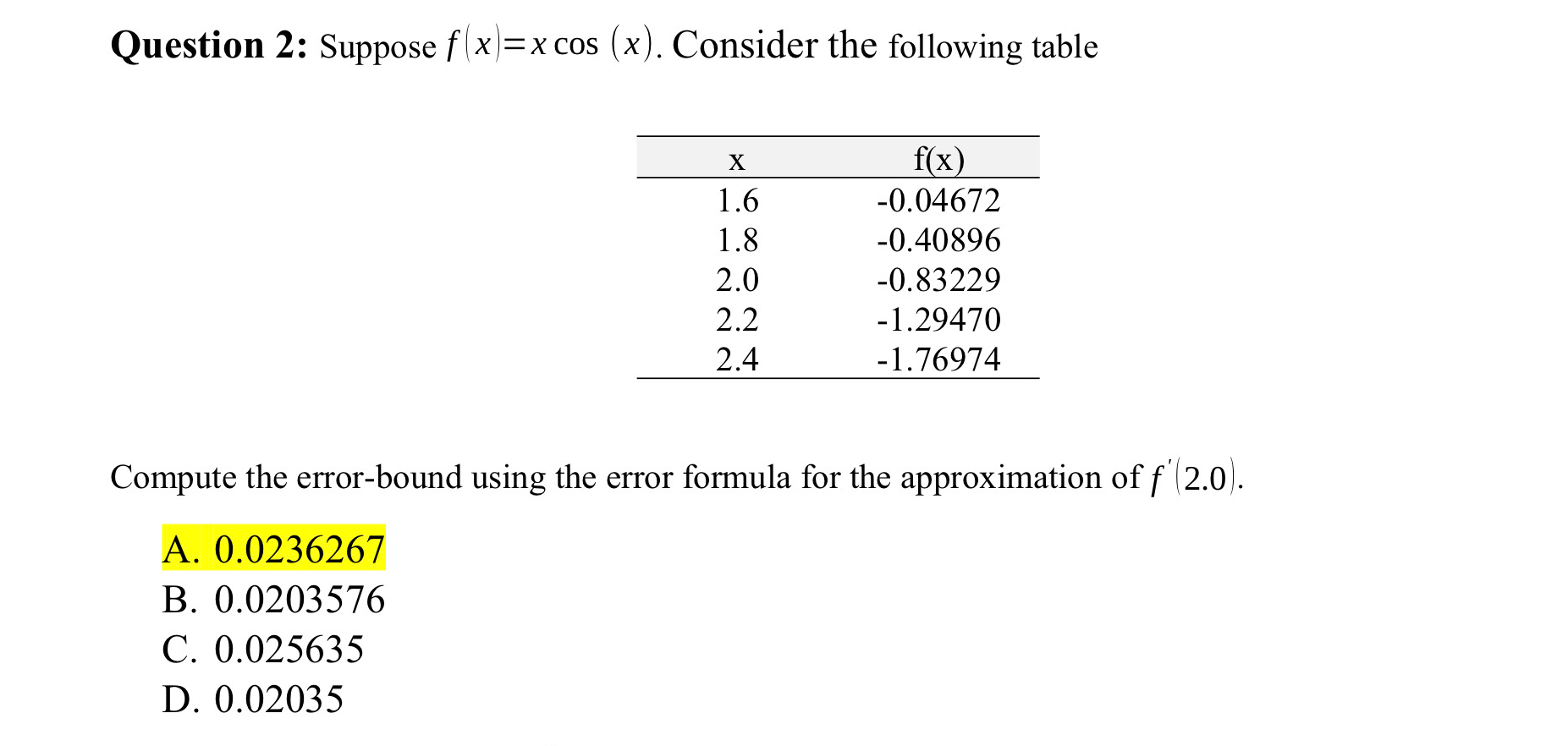 Solved Question 2: Suppose f(x)=xcos(x). ﻿Consider the | Chegg.com