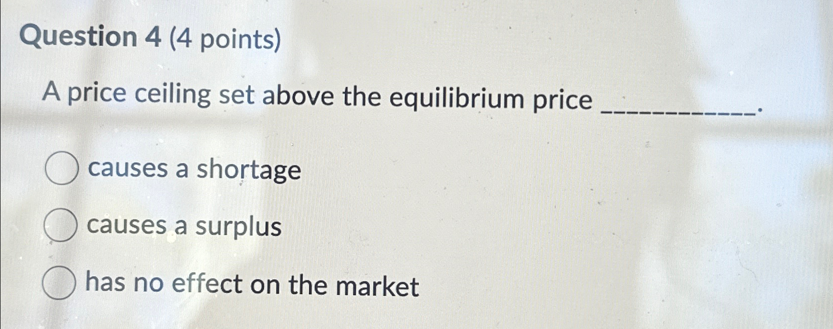 Solved Question 4 (4 ﻿points)A price ceiling set above the | Chegg.com