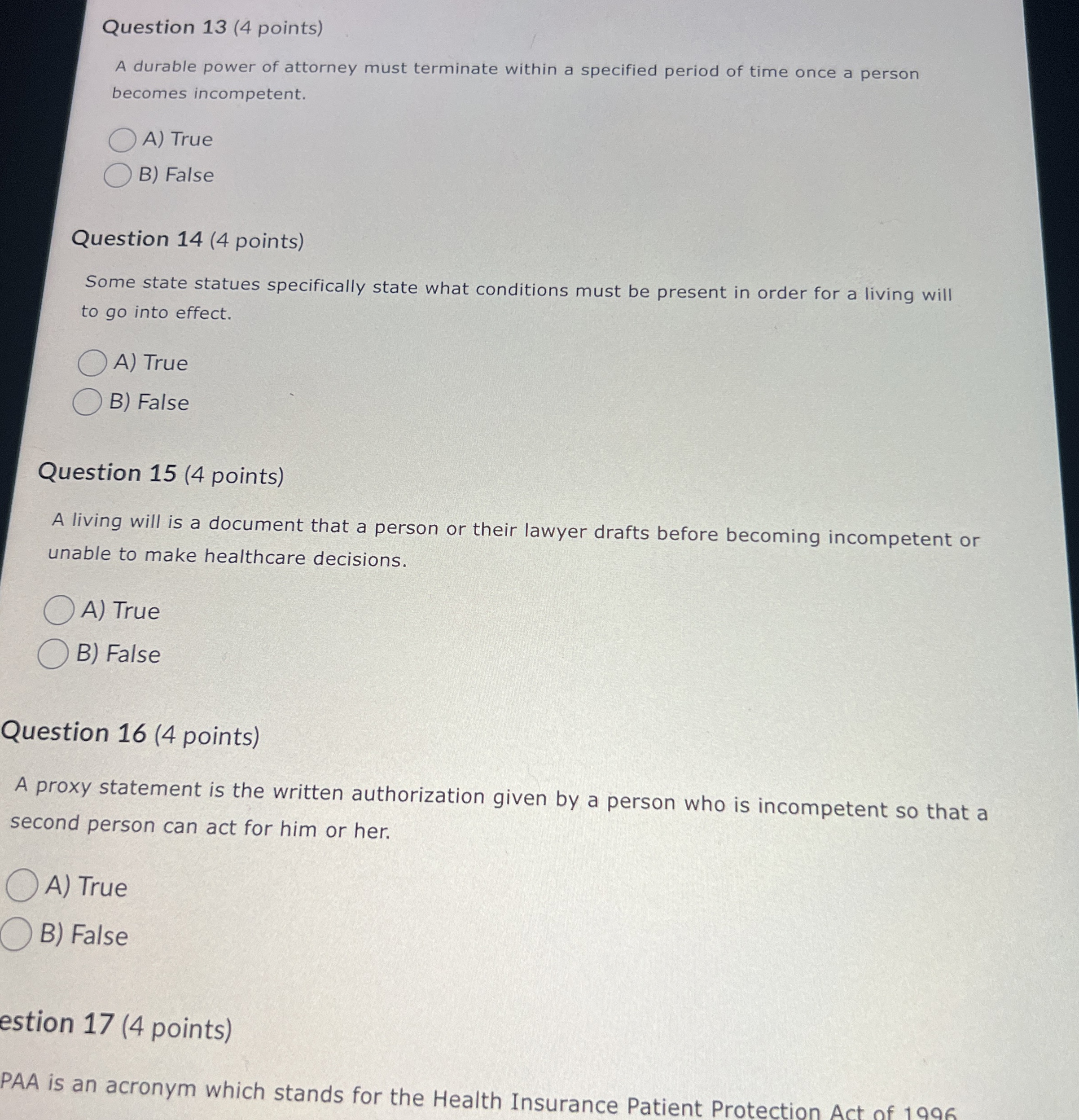 Solved Question 13 (4 ﻿points)A durable power of attorney | Chegg.com