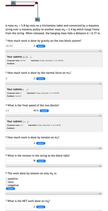 Solved A mass m1=5.8 kg rests on a frictionless table and | Chegg.com