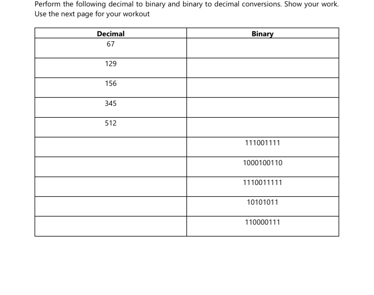 Solved Perform the following decimal to binary and binary to | Chegg.com