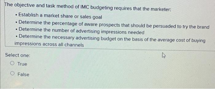 Solved The objective and task method of IMC budgeting | Chegg.com