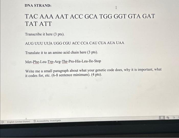 Solved DNA STRAND: TAC AAA AAT ACC GCA TGG GGT GTA GAT TAT | Chegg.com