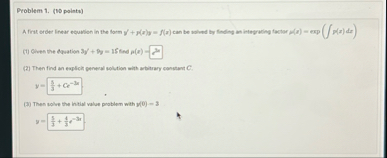 Solved Problem 1. (10 ﻿painta)A frist order linear eouvion | Chegg.com