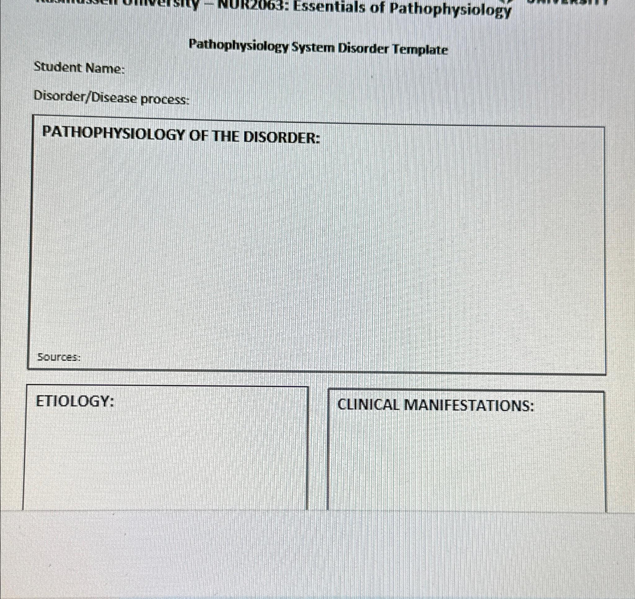 Solved Pathophysiology System Disorder TemplateStudent | Chegg.com