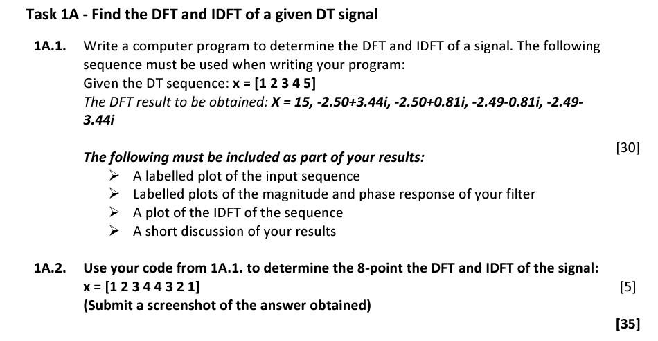 Solved Task 1A - Find the DFT and IDFT of a given DT signal | Chegg.com