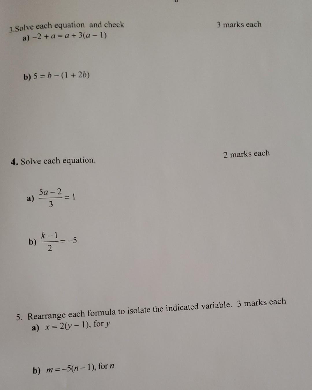Solved 3 marks each 3.Solve each equation and check a) -2 + | Chegg.com