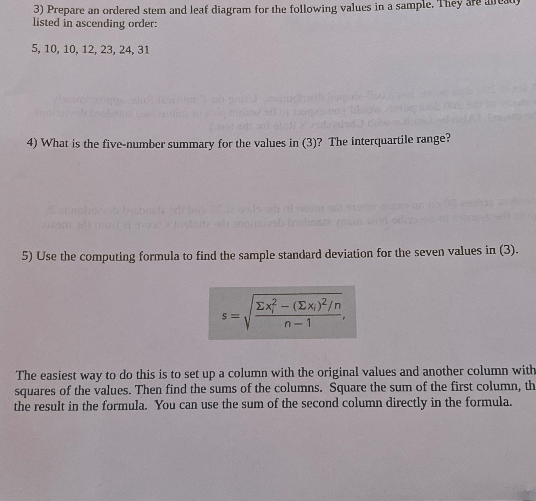 Solved Prepare an ordered stem and leaf diagram for the | Chegg.com
