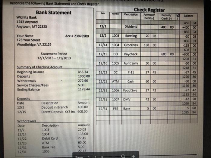 Reconcile the following Bank statement and Check | Chegg.com