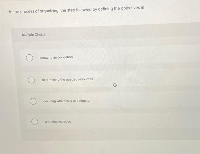 Solved In the process of organizing, the step followed by | Chegg.com