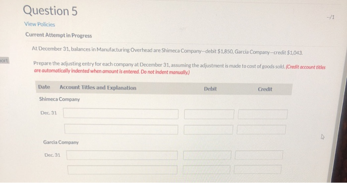 Solved Question 5 --/1 View Policies Current Attempt in | Chegg.com