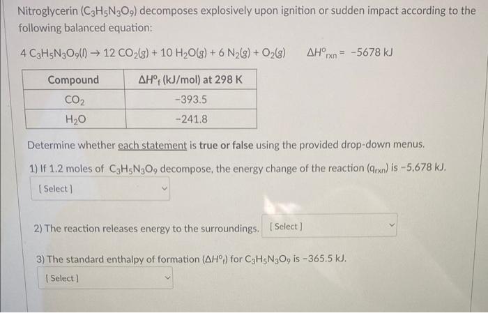 Solved Nitroglycerin (C3H5N309) decomposes explosively upon | Chegg.com