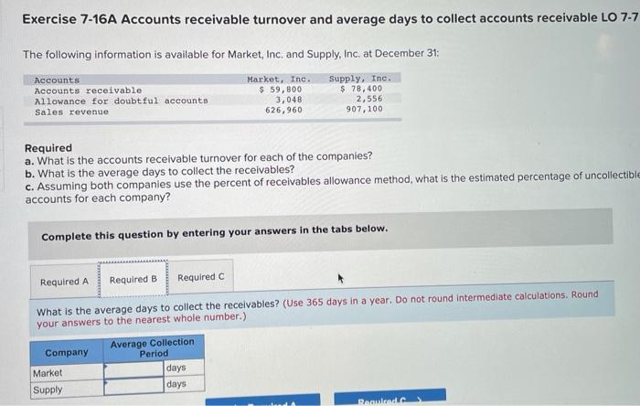 Solved Exercise 7-16A Accounts receivable turnover and | Chegg.com