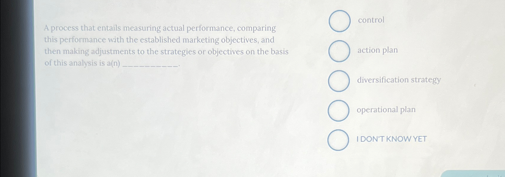 Solved A process that entails measuring actual performance, | Chegg.com