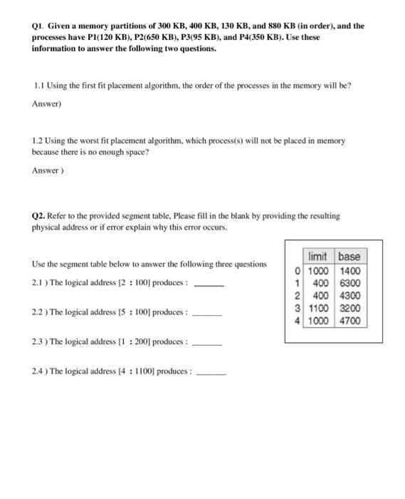 Solved Q1. Given a memory partitions of 300 KB, 400 KB, 130 | Chegg.com