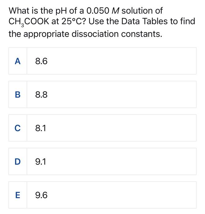 Solved What is the pH of a 0.050M solution of CH3COOK at | Chegg.com