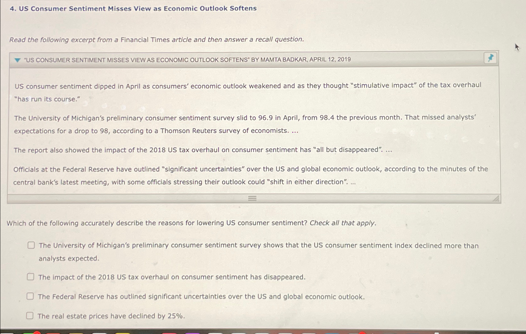 Solved US Consumer Sentiment Misses View as Economic Outlook | Chegg.com