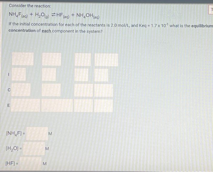Solved Consider the reaction: NH4F (aq) + H₂O(g) HF (aq) + | Chegg.com