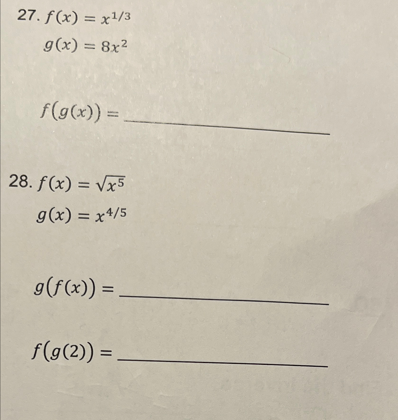 Solved f(x)=x13g(x)=8x2f(g(x))=f(x)=x52g(x)=x45g(f(x))=f(g(2 | Chegg.com