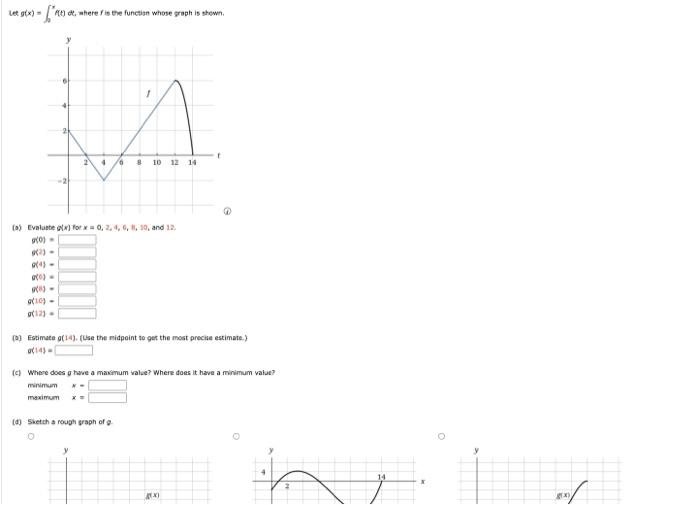 Solved Let g(x)=int_0^x f(t)dt where is the function whose | Chegg.com Solved Let g(x)=int_0^x f(t)dt where is the function whose | Chegg.com