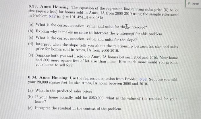 Solved 6.33. Ames Housing The equation of the regression | Chegg.com