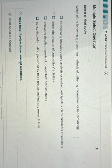 Solved 11 ﻿of 24 ﻿Concepts completed(i)Multiple Select | Chegg.com