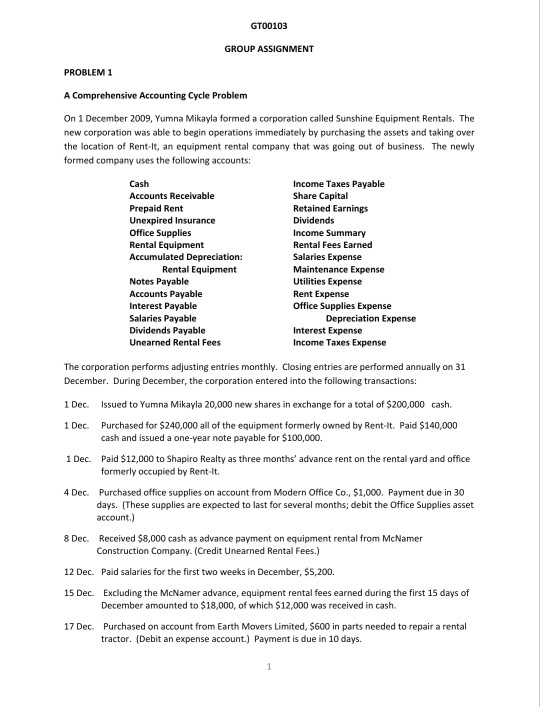 Solved GTO0103 GROUP ASSIGNMENT PROBLEM 1 A Comprehensive | Chegg.com