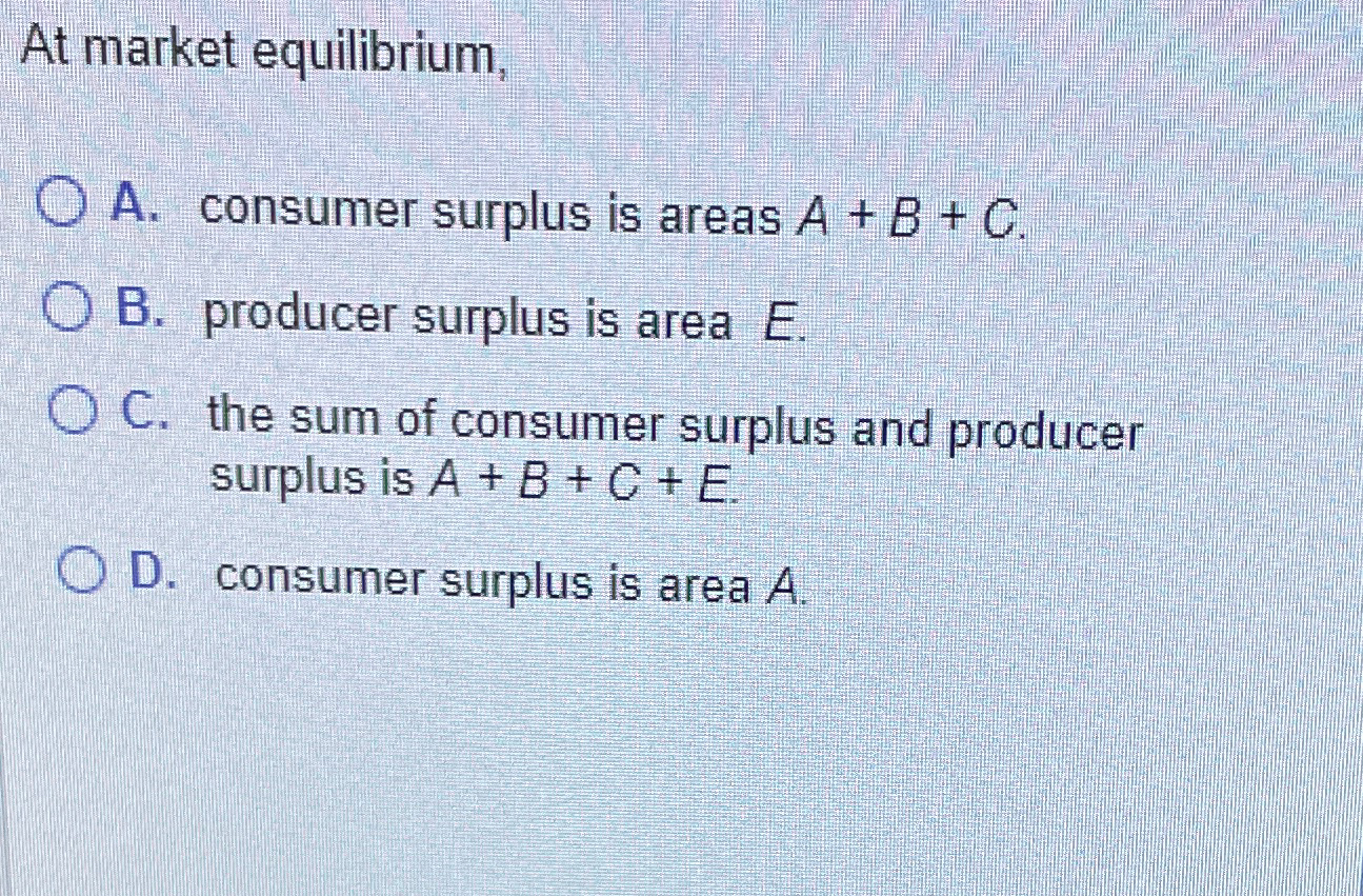 Solved At market equilibrium,A. ﻿consumer surplus is areas | Chegg.com