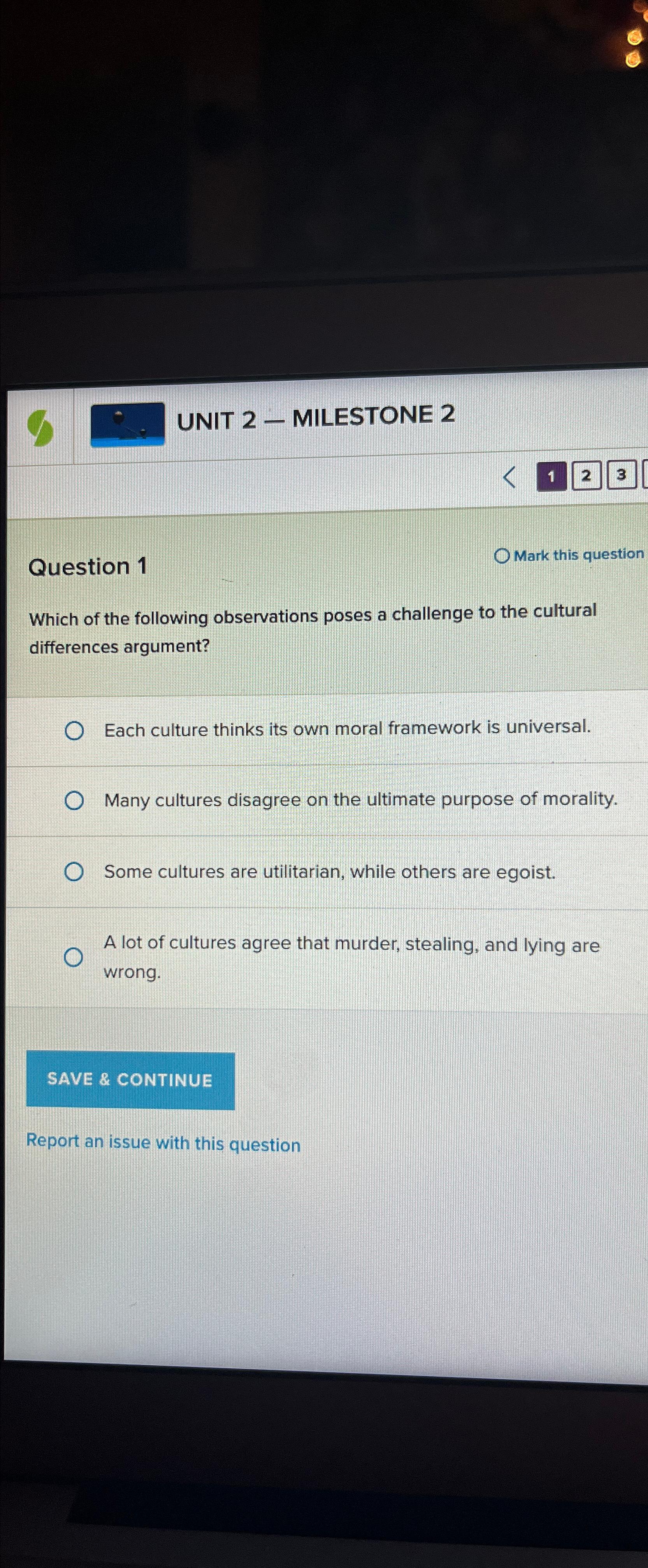 Solved UNIT 2 - ﻿MILESTONE 2Question 1Mark this | Chegg.com