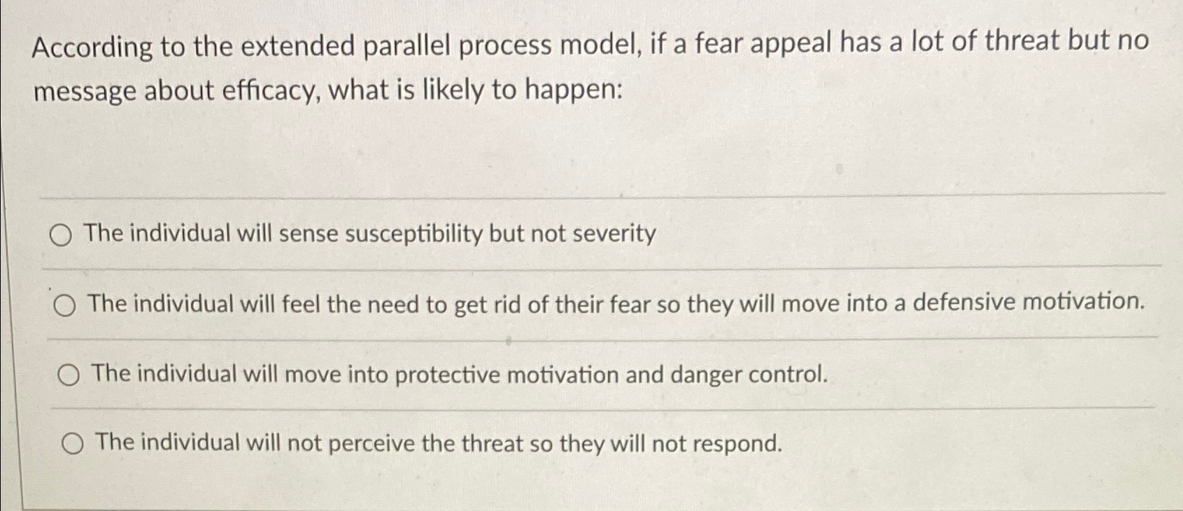 Solved According to the extended parallel process model, if | Chegg.com