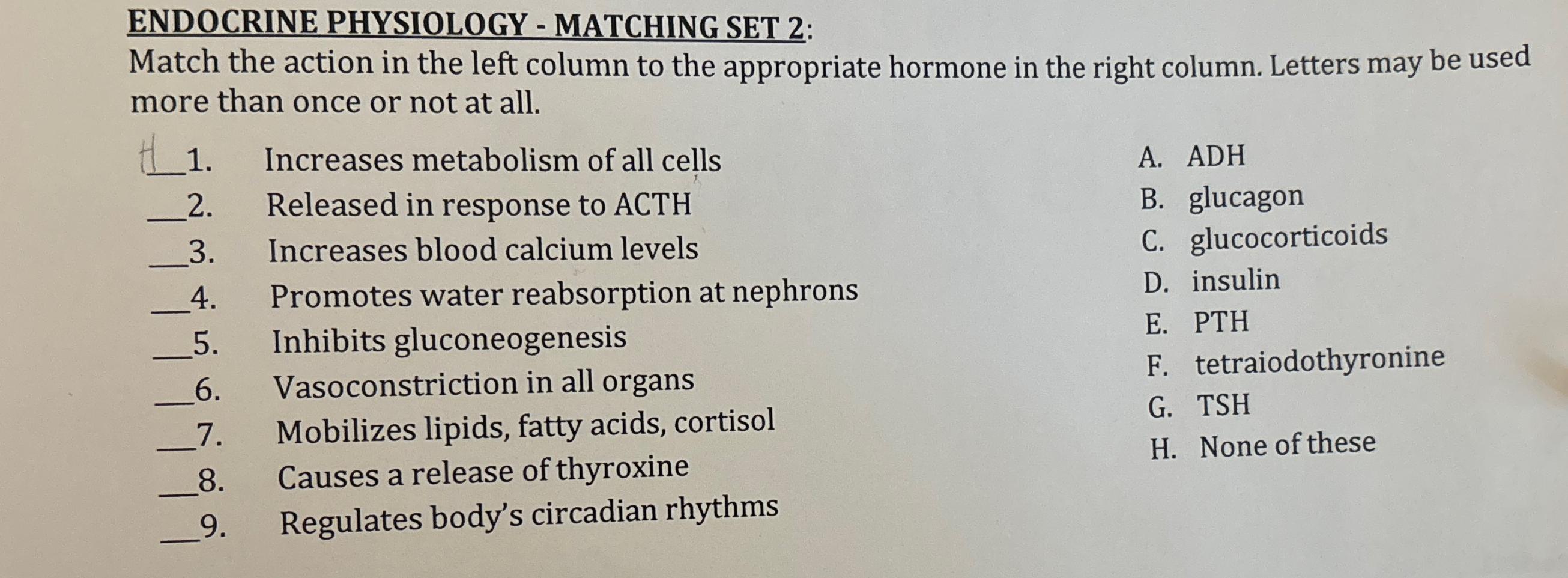Solved ENDOCRINE PHYSIOLOGY - ﻿MATCHING SET 2:Match the | Chegg.com