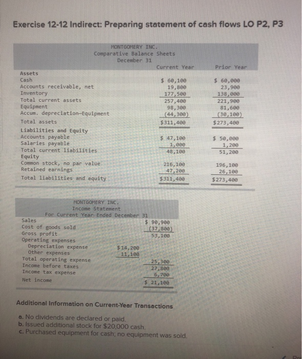 Solved Exercise 12-12 Indirect: Preparing statement of cash | Chegg.com