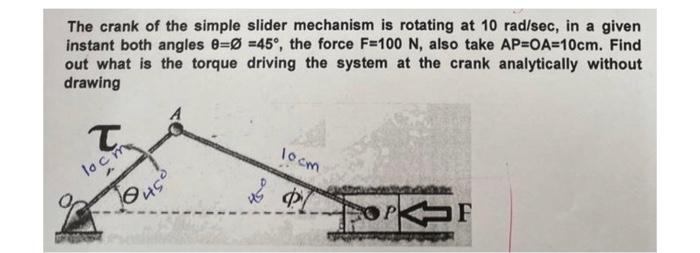 Solved The crank of the simple slider mechanism is rotating | Chegg.com