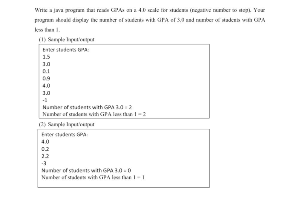 Solved Write a java program that reads GPAs on a 4.0 scale | Chegg.com