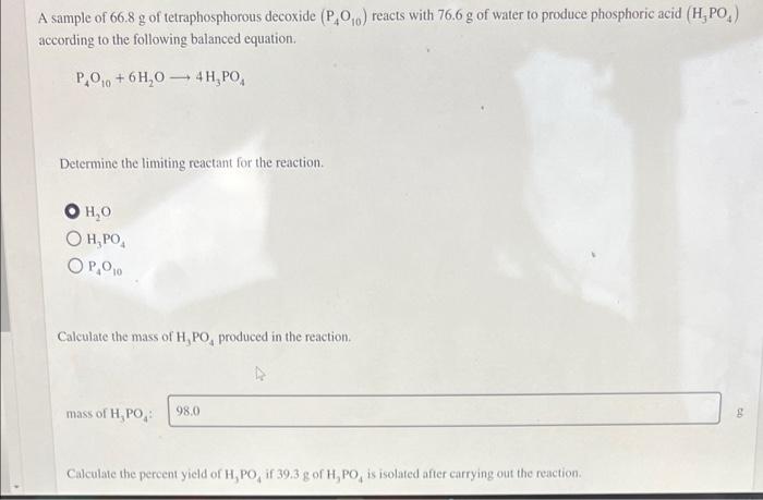Solved A sample of 66.8 g of tetraphosphorous decoxide | Chegg.com