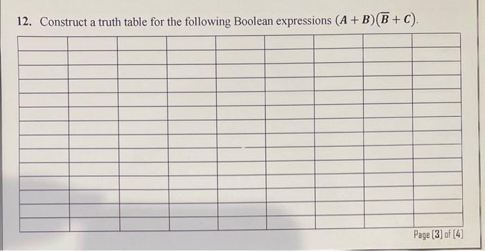 Solved 12. Construct a truth table for the following Boolean | Chegg.com