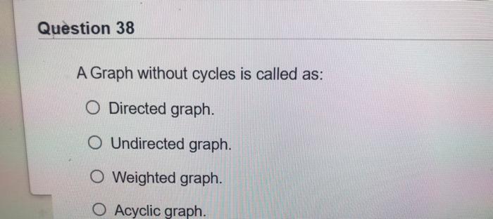 Solved Question 38 A Graph without cycles is called as: O | Chegg.com