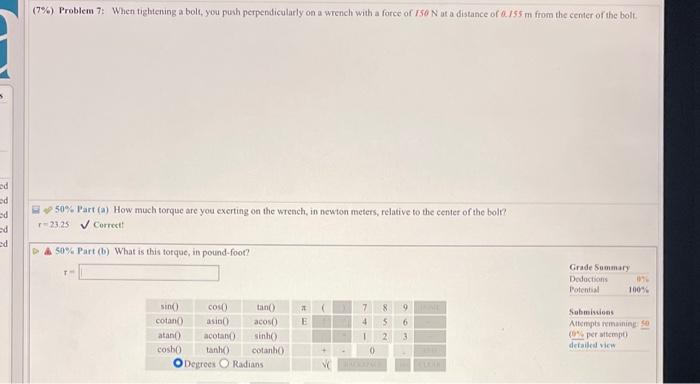 Solved (7\%) Problem 7t. When tightening a boli, you push | Chegg.com