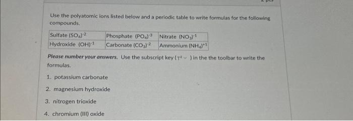 Solved Use the polyatomic ions listed below and a periodic | Chegg.com