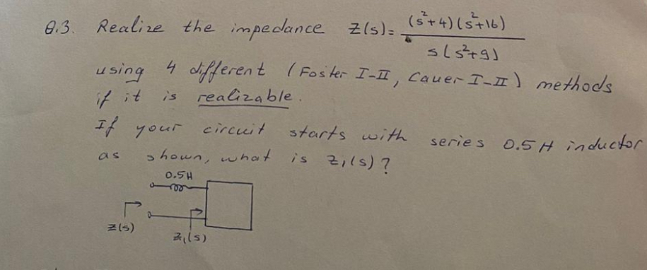 Solved Q.3. ﻿Realize the impedance z(s)=(s2+4)(s2+16)s(s2+9) | Chegg.com