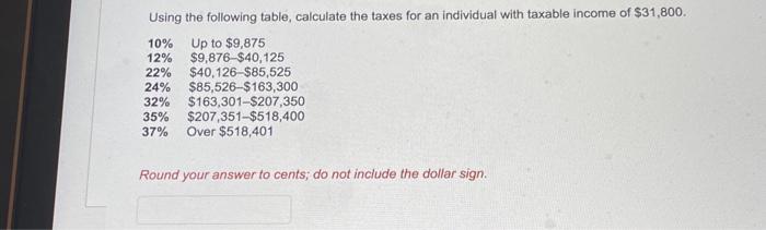 Solved Using the following table, calculate the taxes for an | Chegg.com
