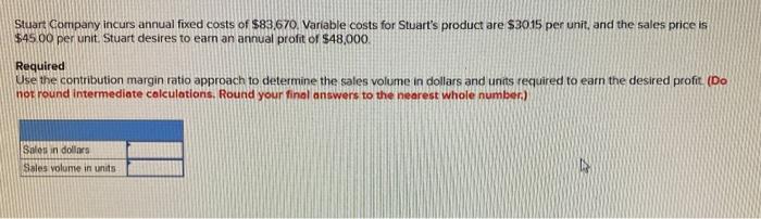 Solved Stuart Company incurs annual fixed costs of $83,670. | Chegg.com
