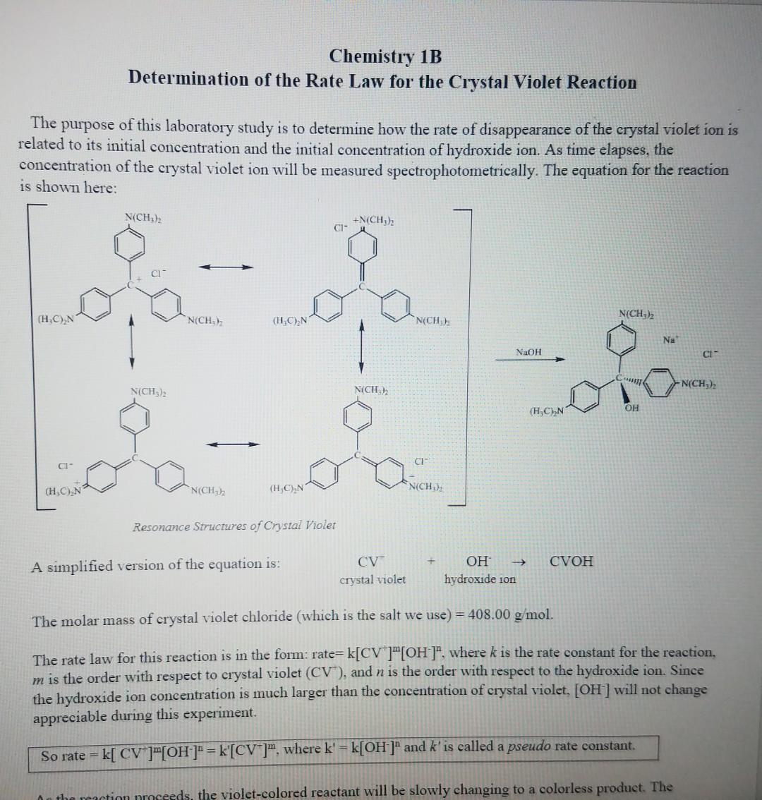 Solved Instructions for Crystal Violet Kinetic Data | Chegg.com