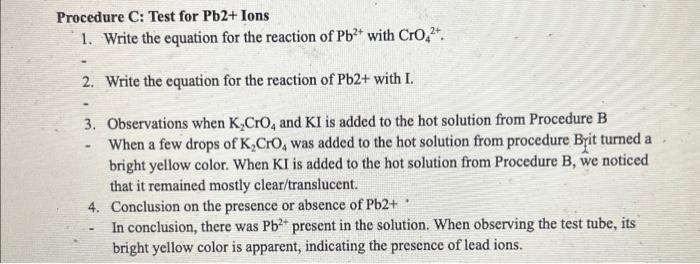 Solved Procedure C: Test for Pb2+ Ions 1. Write the equation | Chegg.com