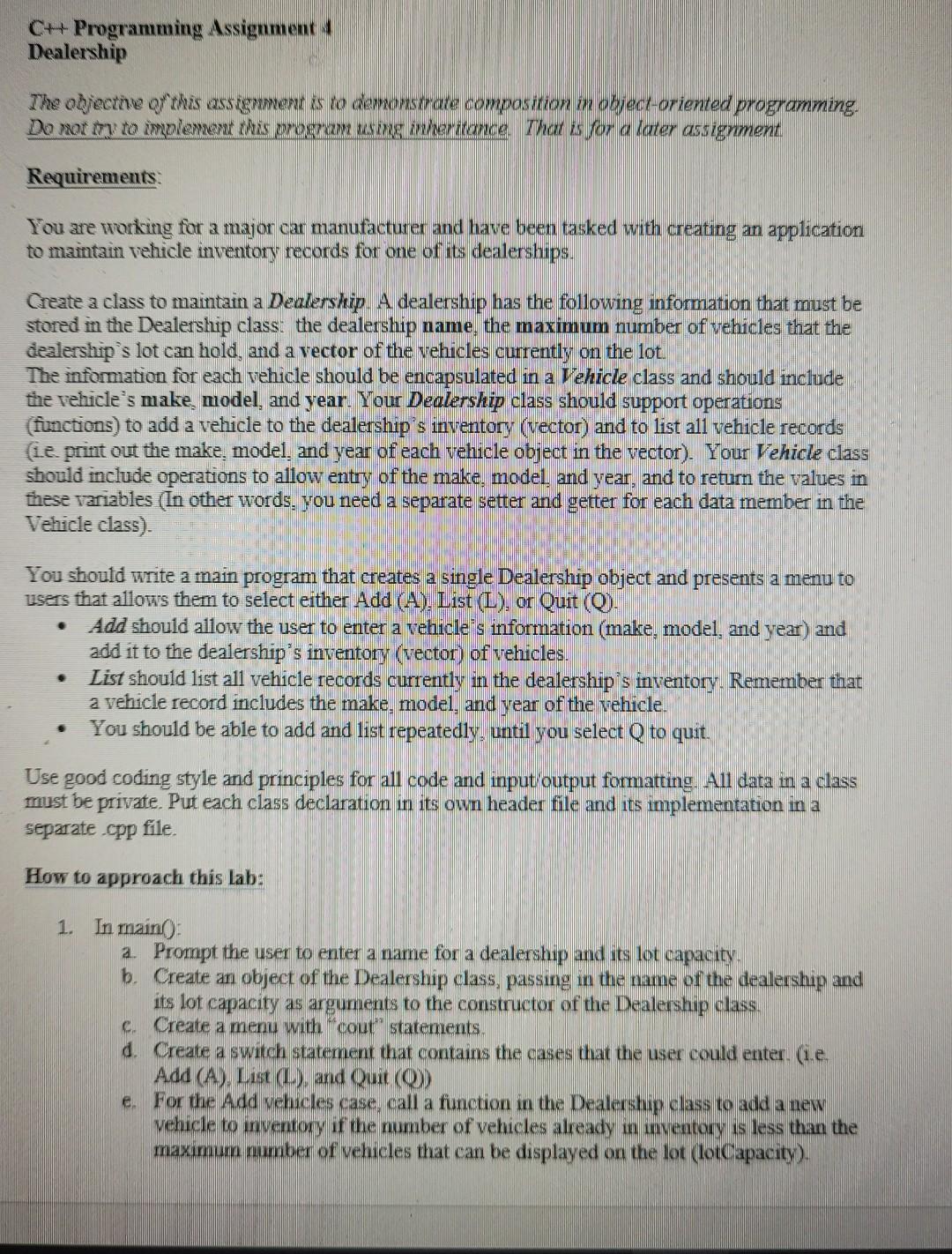 CH Programming Assignment 4 Dealership The objectne | Chegg.com