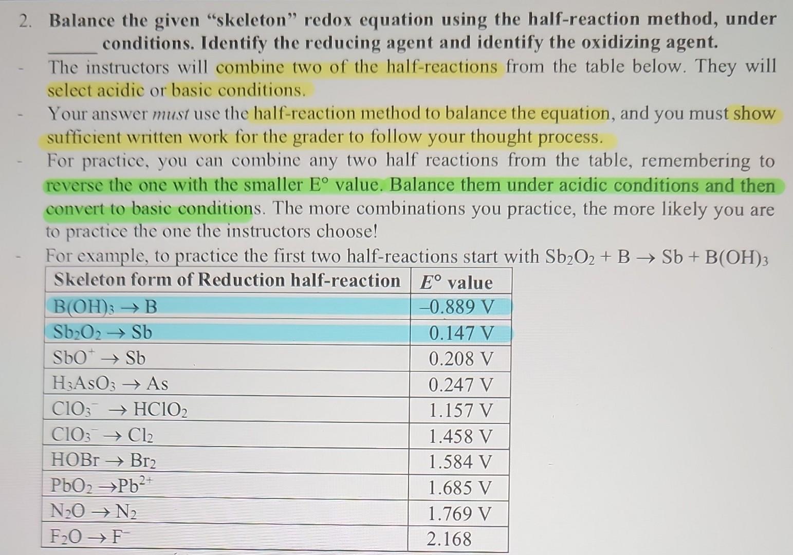 Solved 2. Balance the given "skeleton" redox equation using | Chegg.com