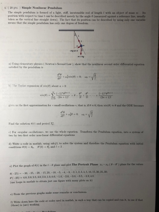 Solved 1. (20 pts. ) Simple Nonlinear Pendulum The simple | Chegg.com