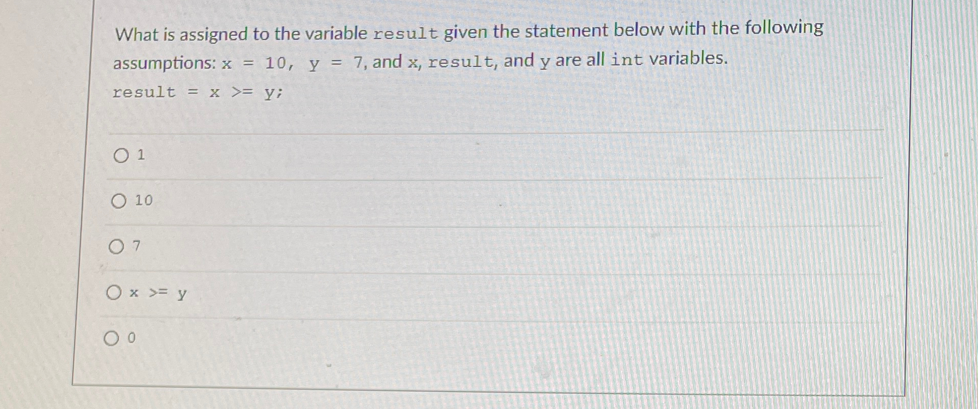 Solved What is assigned to the variable result given the | Chegg.com